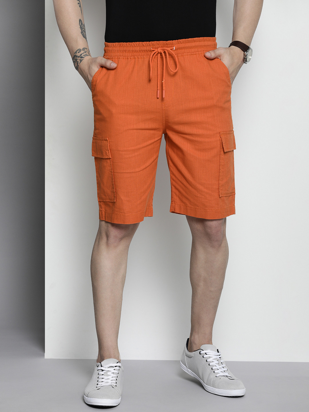 Buy The Indian Garage Co Men Linen Cotton Slim Fit Cargo Shorts ...