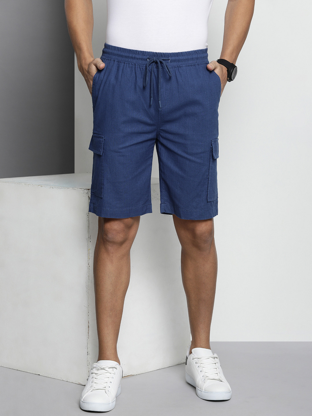 Buy The Indian Garage Co Men Linen Cotton Slim Fit Cargo Shorts ...