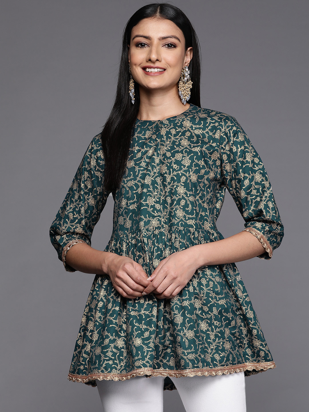 Buy Libas Teal Green & Golden Floral Printed Gotta Patti Kurti - Kurtis ...