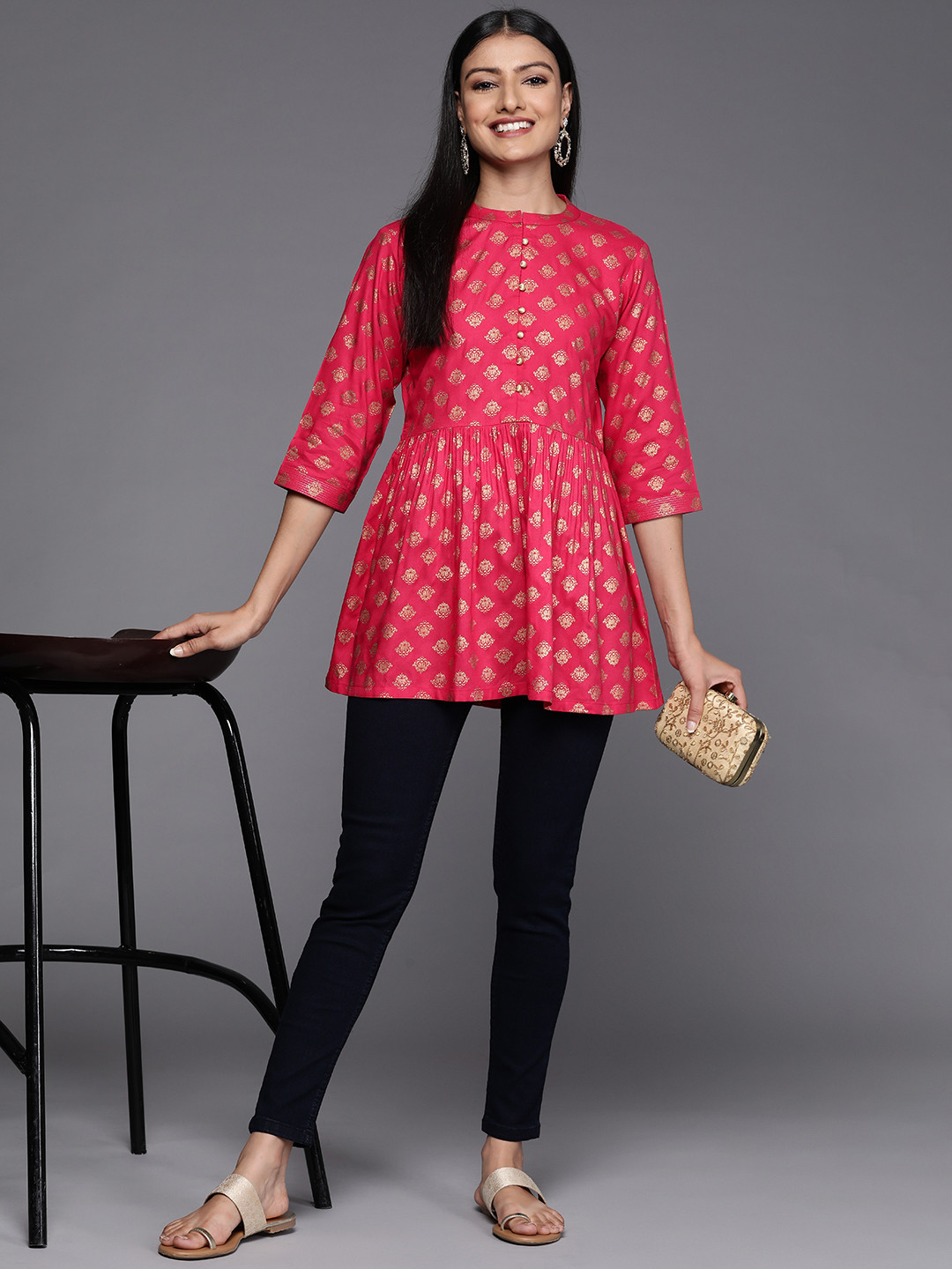 Buy Libas Fuchsia Pink & Golden Ethnic Motifs Printed Kurti - Kurtis ...