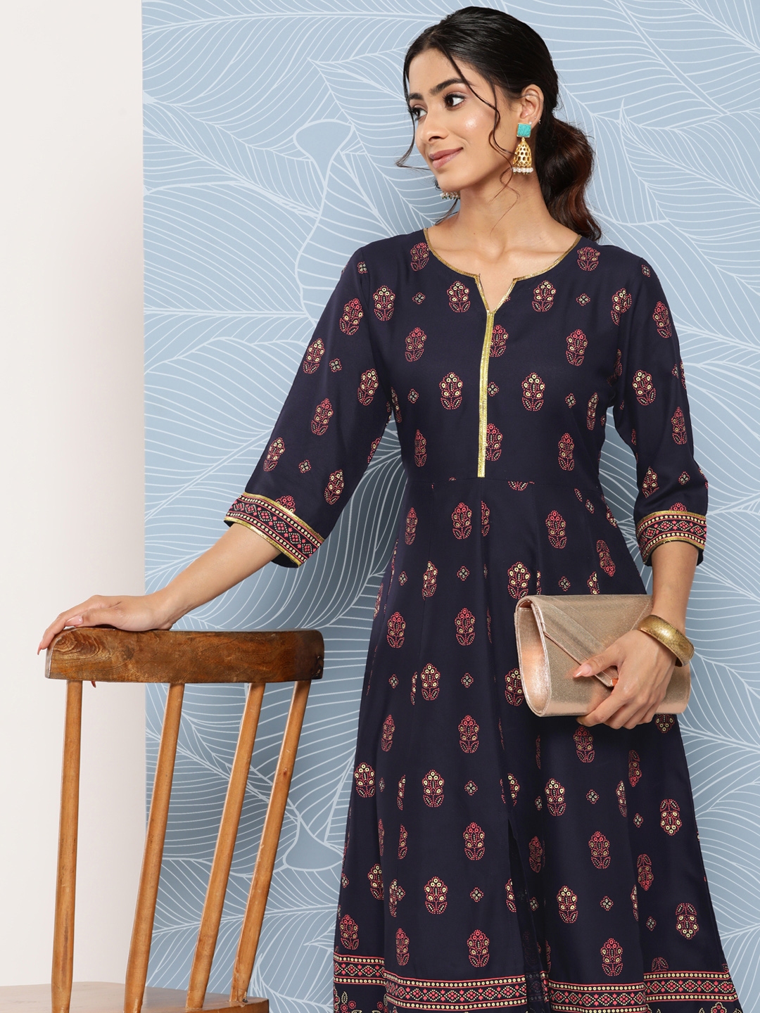Buy Libas Women Blue Ethnic Motifs Printed Gotta Patti Kurta Kurtas