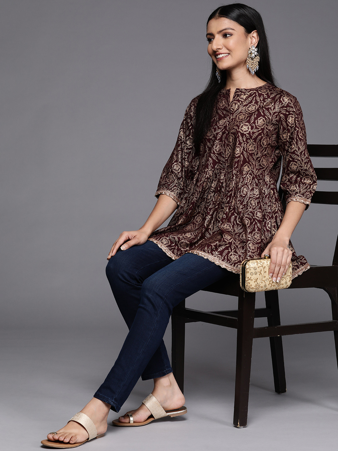 Buy Libas Floral Printed Gotta Patti Pleated Kurti - Kurtis for Women ...