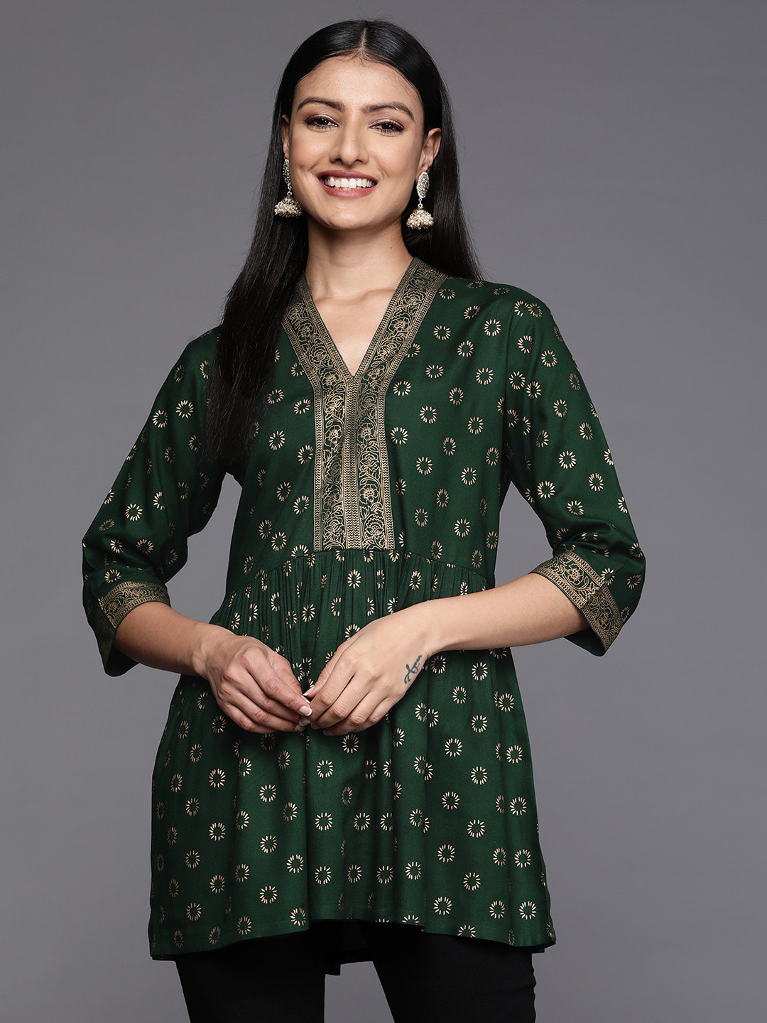 Buy Libas Green & Golden Floral Printed V Neck Pleated Kurti - Kurtis ...