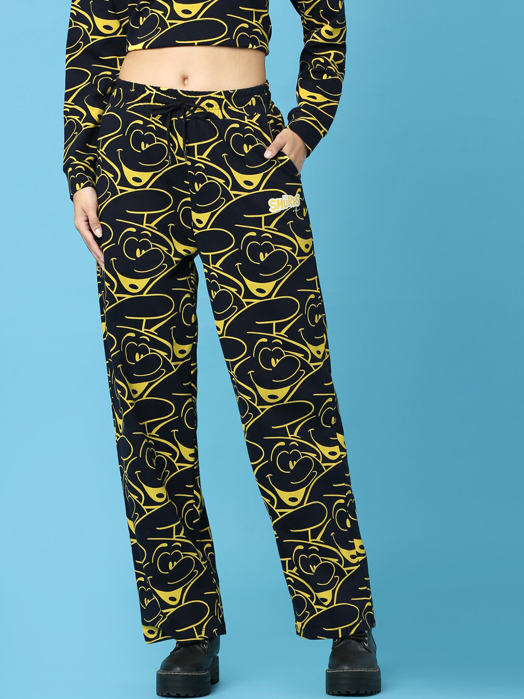 Buy ONLY Women Navy Blue & Yellow Printed Cotton Track Pants - Track ...