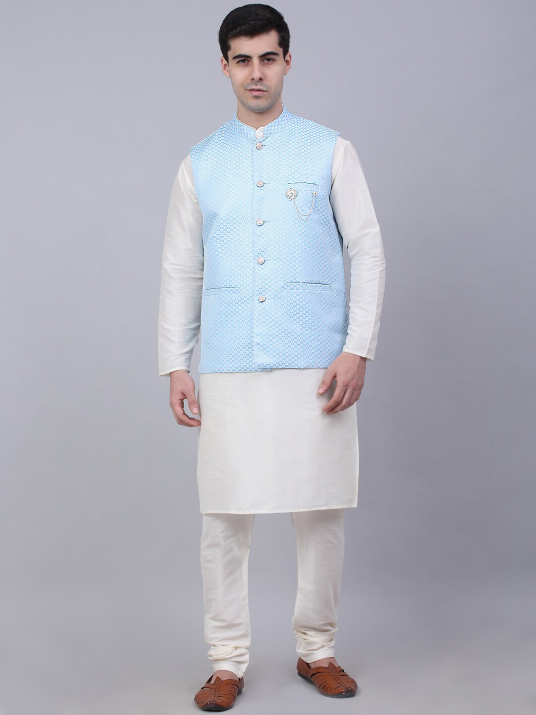 Buy Jompers Men White Kurta With Churidar & Nehru Jacket - Kurta Sets ...