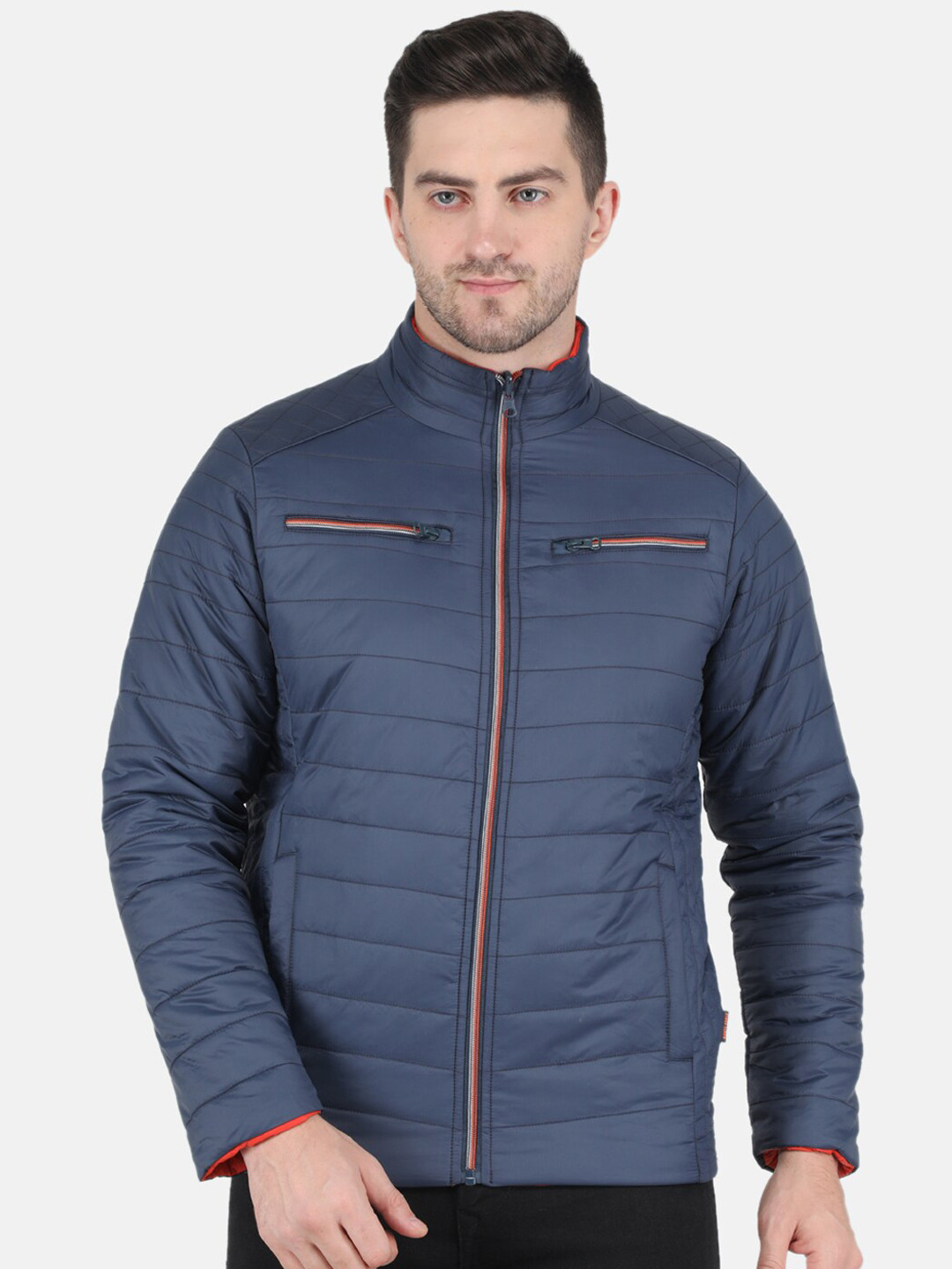 Buy Monte Carlo Men Navy Blue Solid Long Sleeves Padded Jacket ...