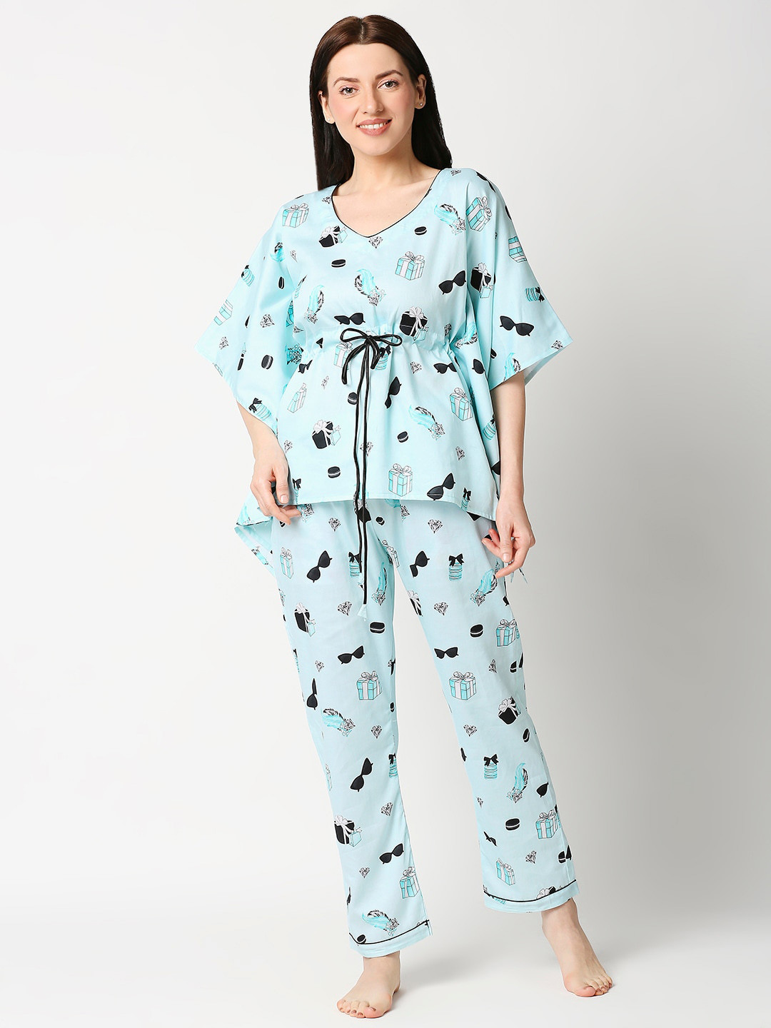 Buy Pyjama Party Women Blue & Black Printed Pure Cotton Night Suit ...