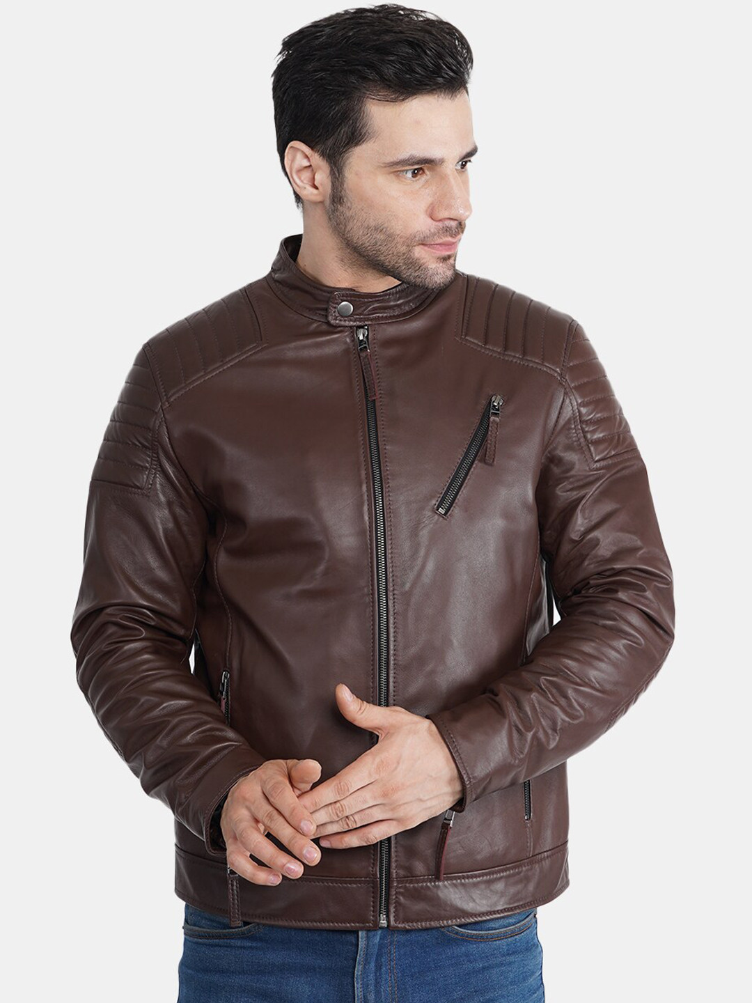 Buy BuckleUp Men Coffee Brown Solid Leather Biker Jacket - Jackets for ...