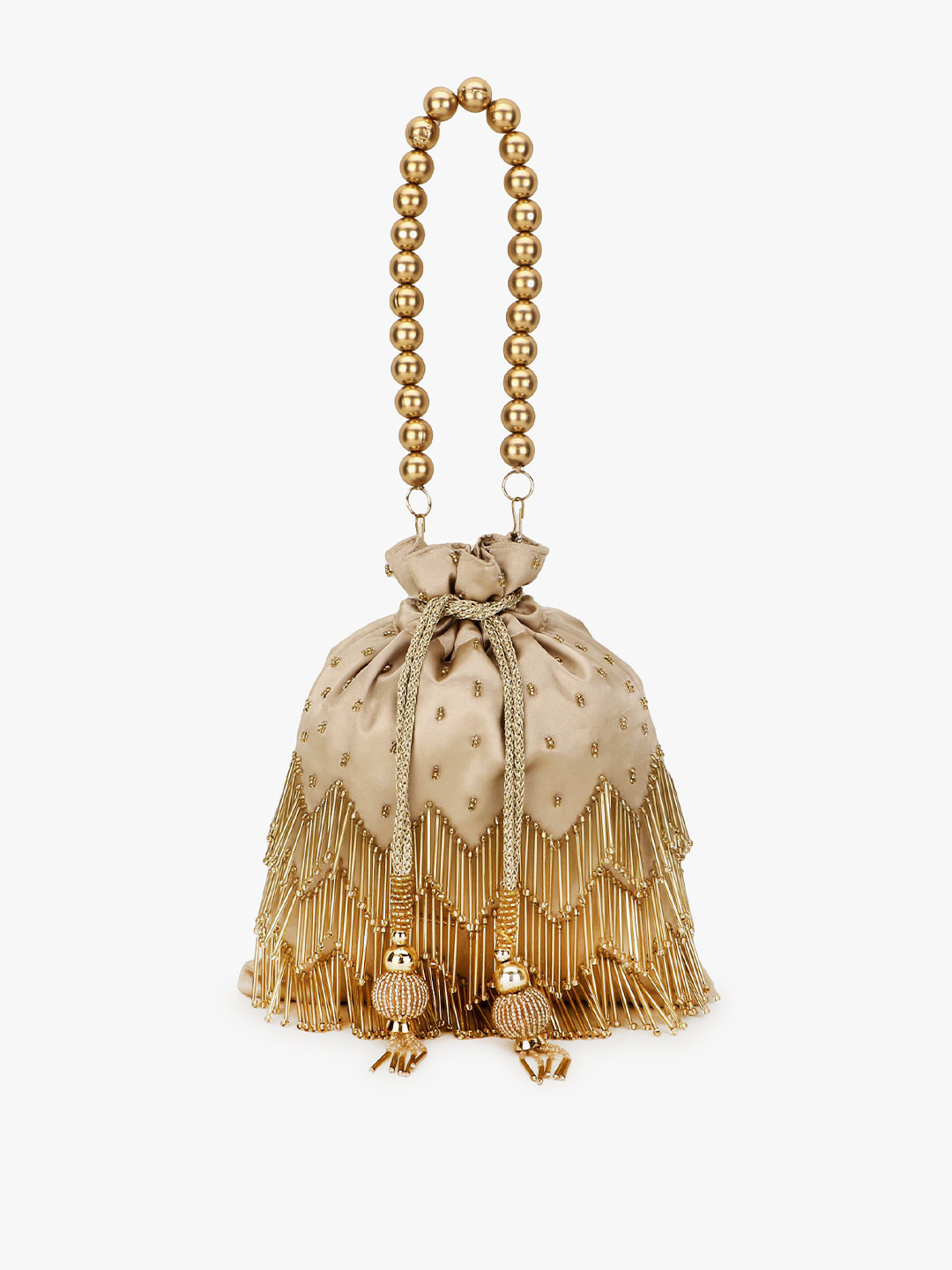 Buy Anekaant Women Champagne & White Embellished Tasselled Potli Clutch ...
