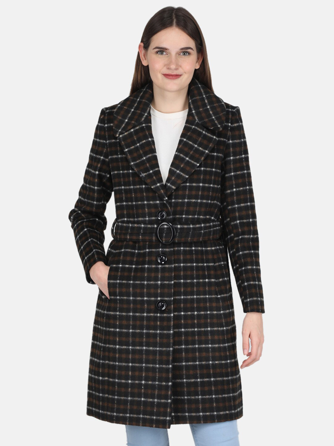Buy Monte Carlo Women Black & Beige Checked Overcoats - Coats for Women ...