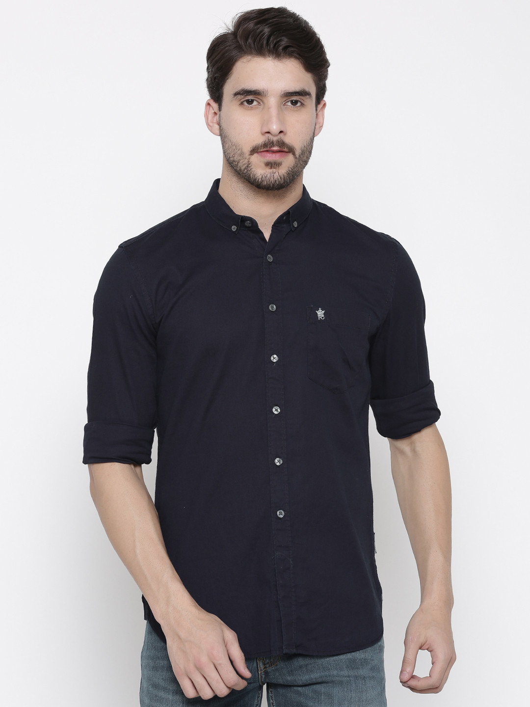 Buy French Connection Men Navy Blue Slim Fit Solid Casual Shirt ...