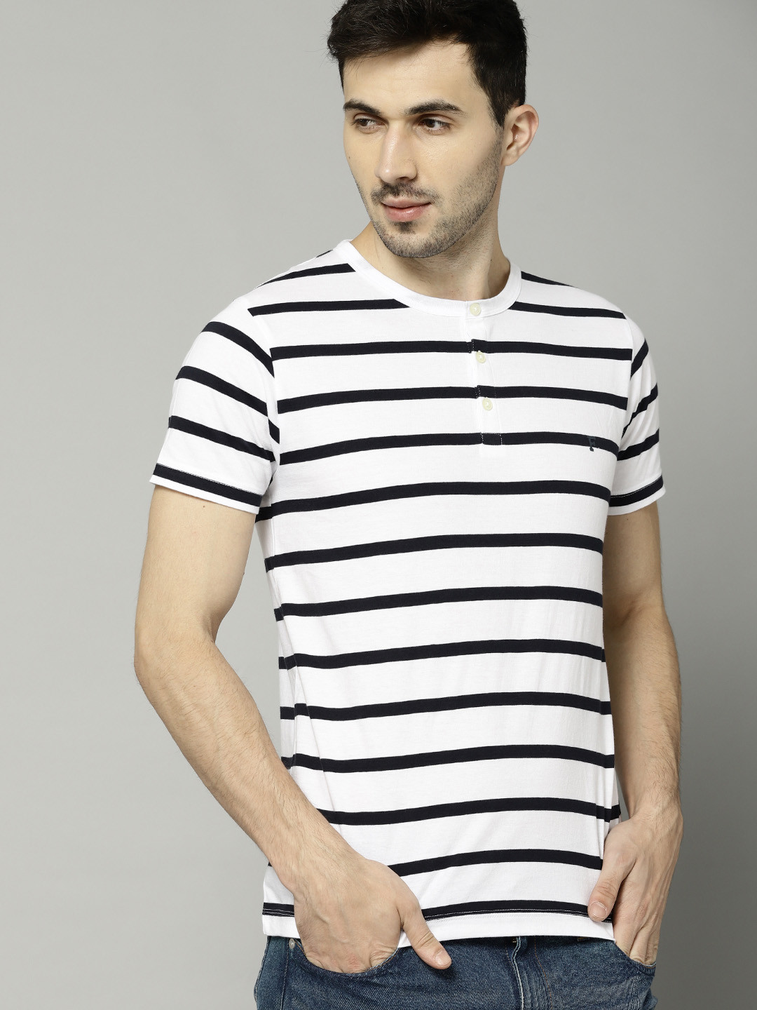 Buy French Connection Men White & Navy Blue Striped Henley Neck T Shirt ...
