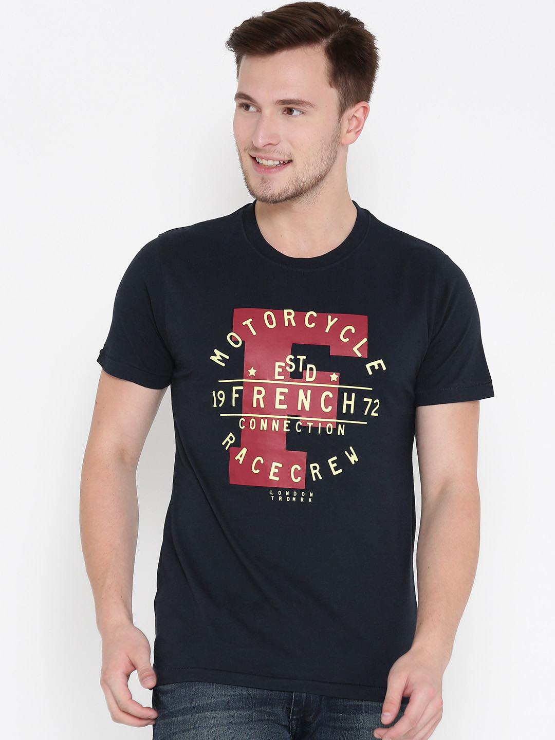 Buy French Connection Men Navy Printed Round Neck Pure Cotton T Shirt ...