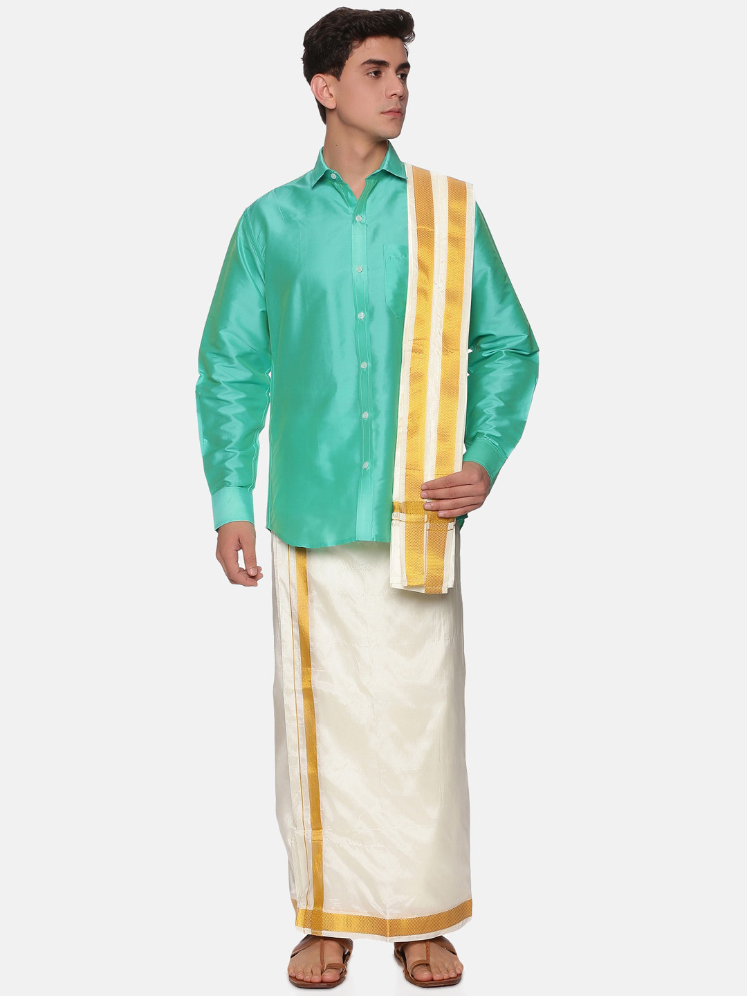 Buy Sethukrishna Men Fluorescent Green & White Shirt Veshti Set ...