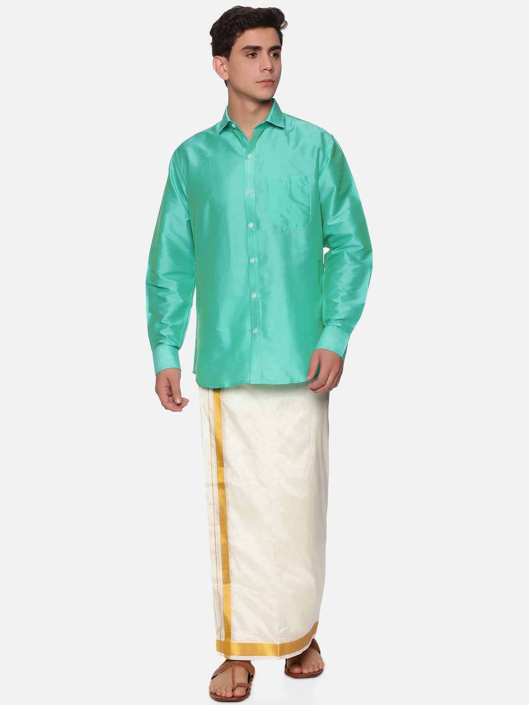 Buy Sethukrishna Men Sea Green & White Shirt & Veshti - Clothing Set ...