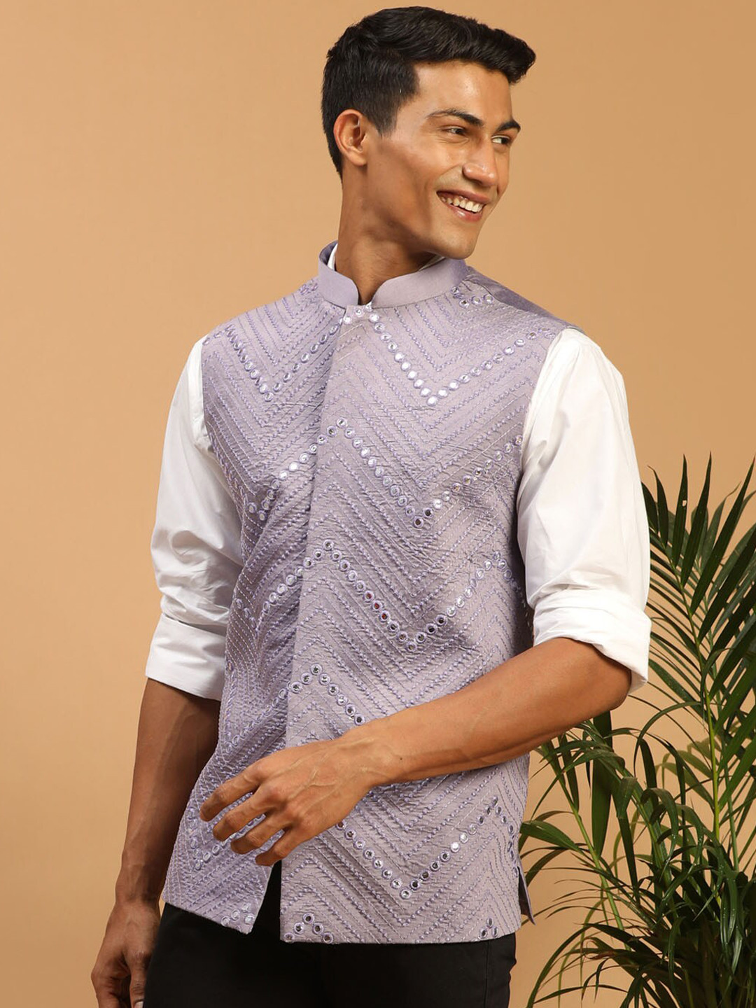 Buy VASTRAMAY Men Purple Mirror Work Embellished Nehru Jacket - Nehru ...