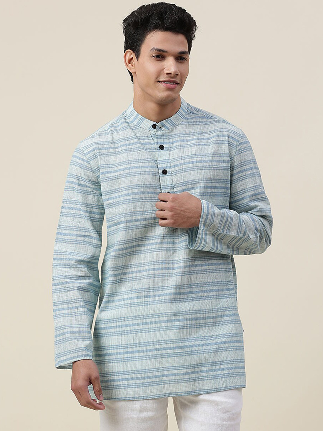 Buy Fabindia Men Blue Striped Printed Cotton Kurta - Kurtas for Men ...