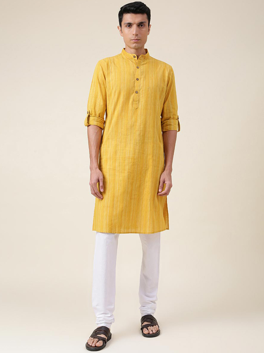 Buy Fabindia Men Yellow Cotton Pathani Kurta With Roll Up Sleeve ...