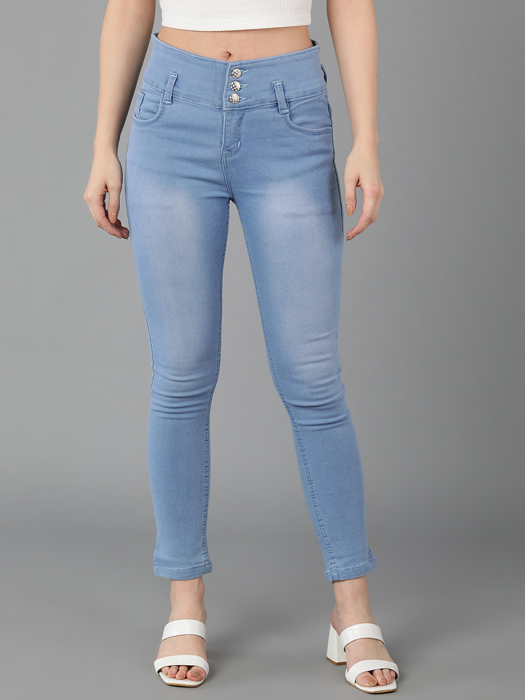 Buy A Okay Women Turquoise Blue Skinny Fit High Rise Light Fade ...