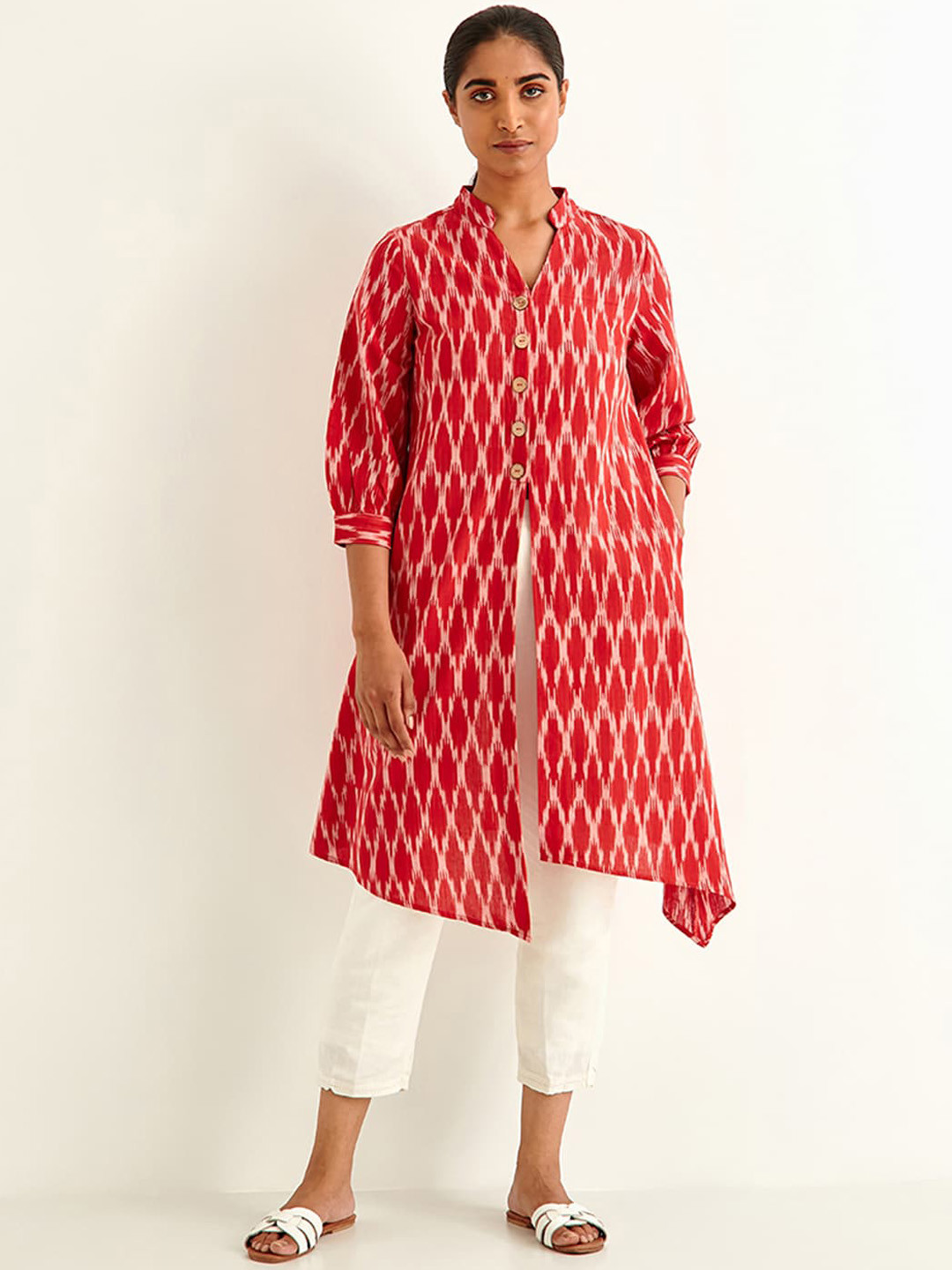 Buy Ancestry Ikat Band Collar Printed Asymmetric Hem Cotton Kurta ...