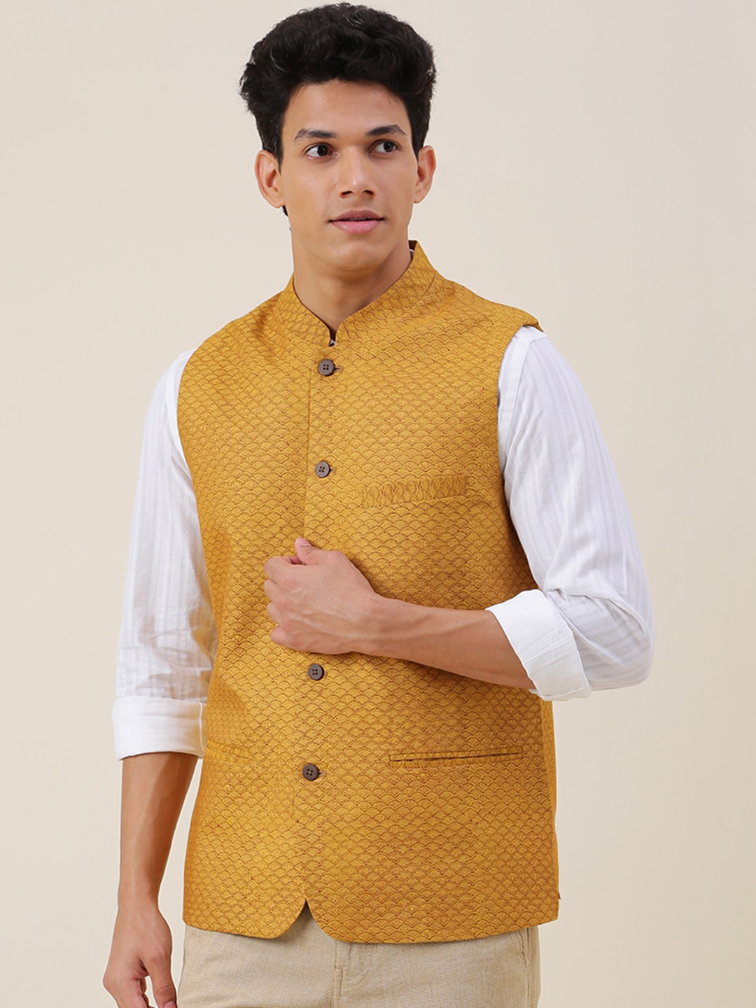 Buy Fabindia Men Yellow Woven Design Nehru Jackets - Nehru Jackets for ...