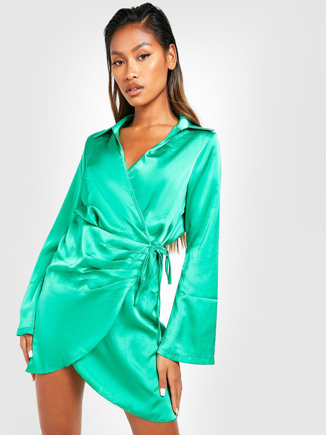 Buy Boohoo Green Satin Mini Wrap Dress - Dresses for Women 20957186 ...