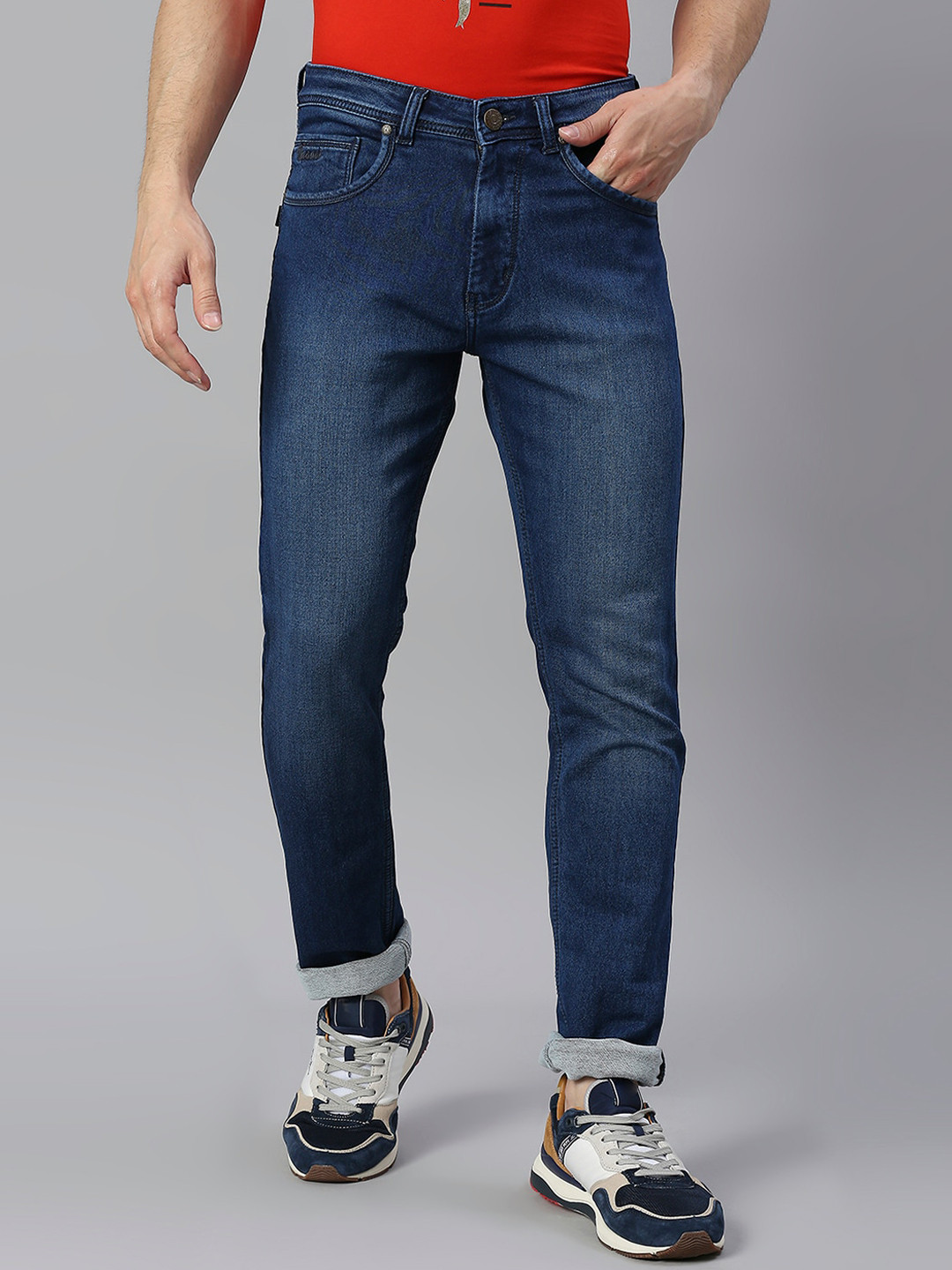 Buy HJ HASASI Men Blue Mildly Distressed Light Fade Stretchable Jeans ...