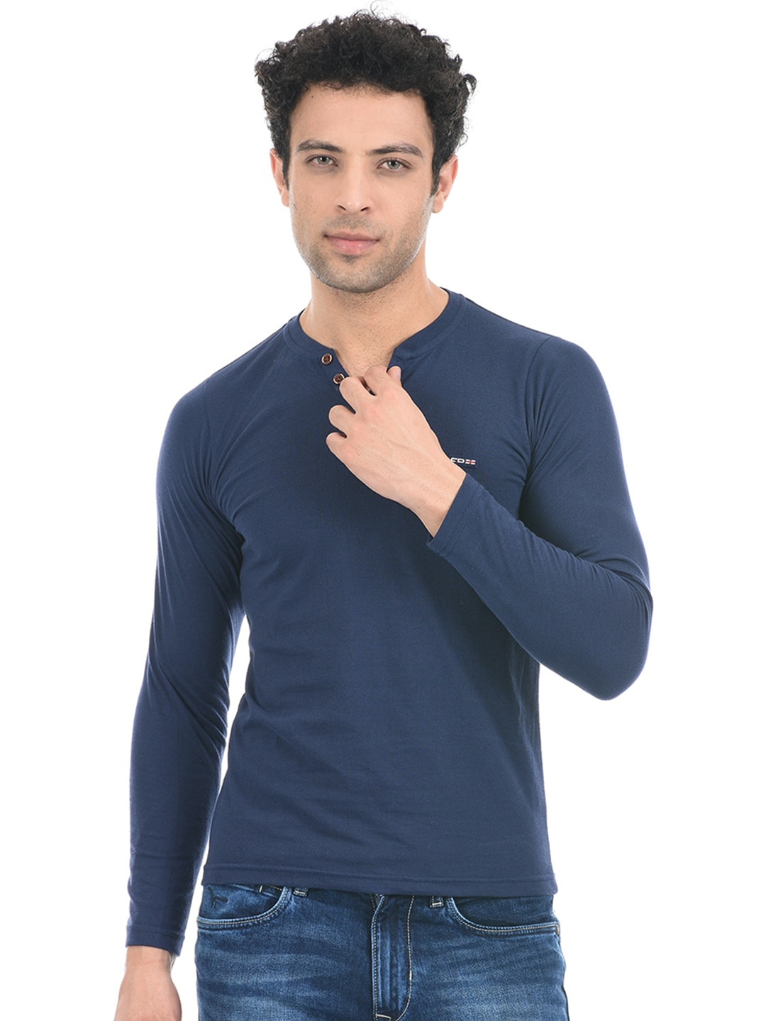 Buy Cloak & Decker By Monte Carlo Men Navy Blue Henley Neck Cotton T ...