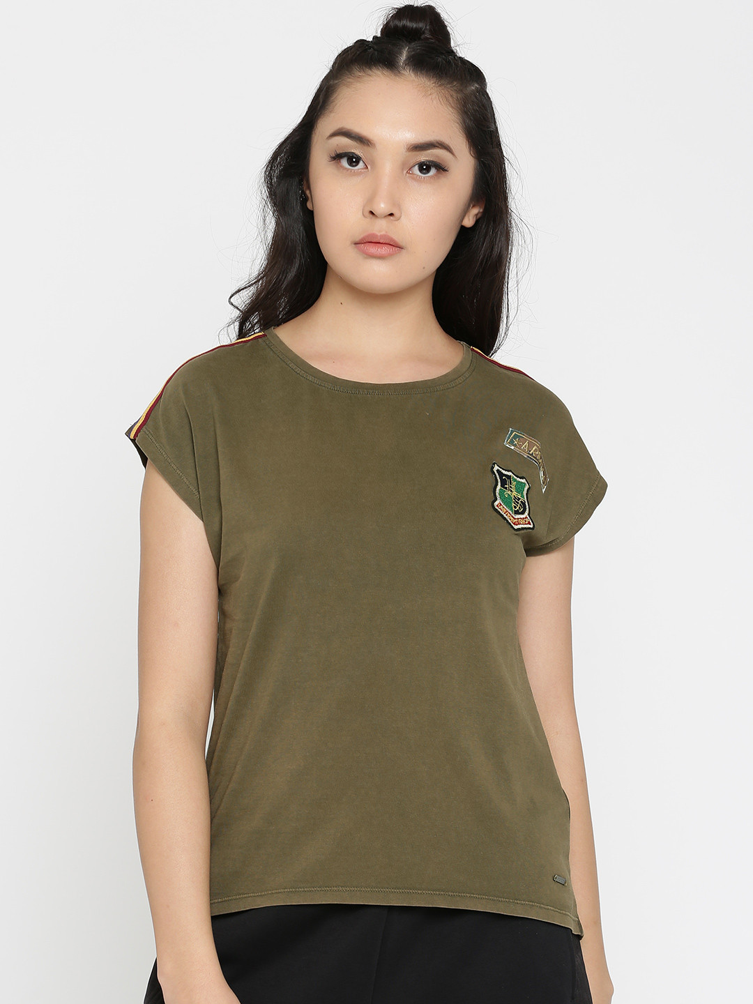 Buy Vero Moda Women Olive Green Solid Round Neck Longline T Shirt ...