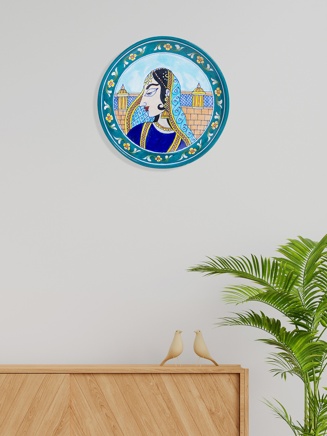 Buy Golden Peacock Blue & Yellow Handpainted Pottery Queen Design Wall ...