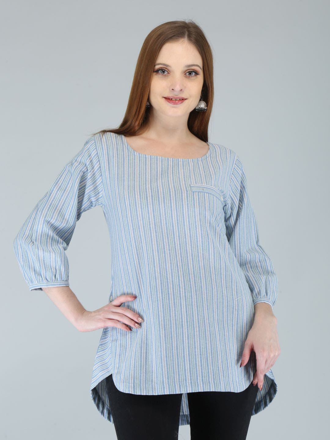 Buy IRIDAA JAIPUR Blue & Grey Striped Cotton Linen Tunic - Tunics for ...