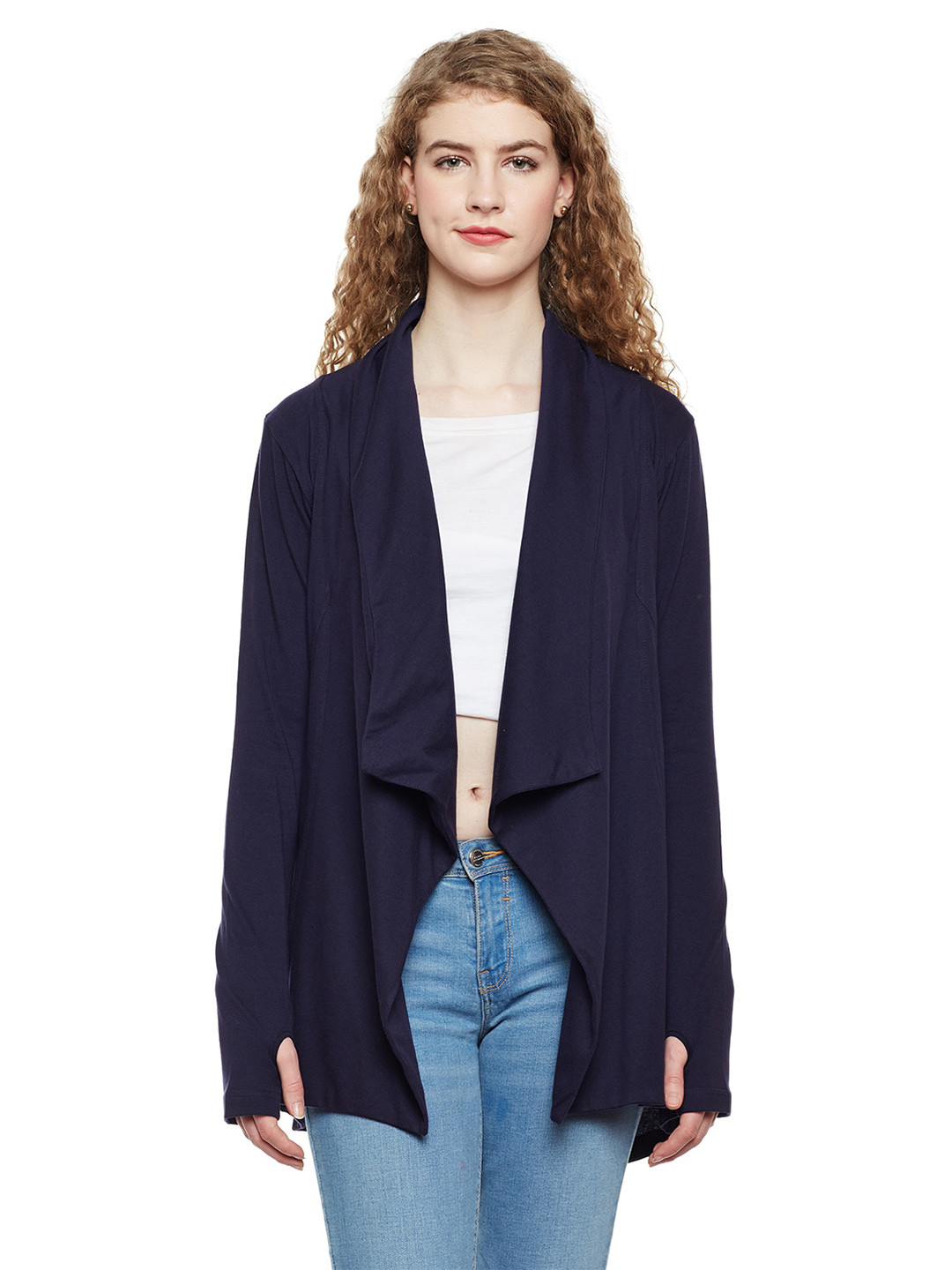 Buy Hypernation Women Navy Blue Open Front Shrug - Shrug for Women ...