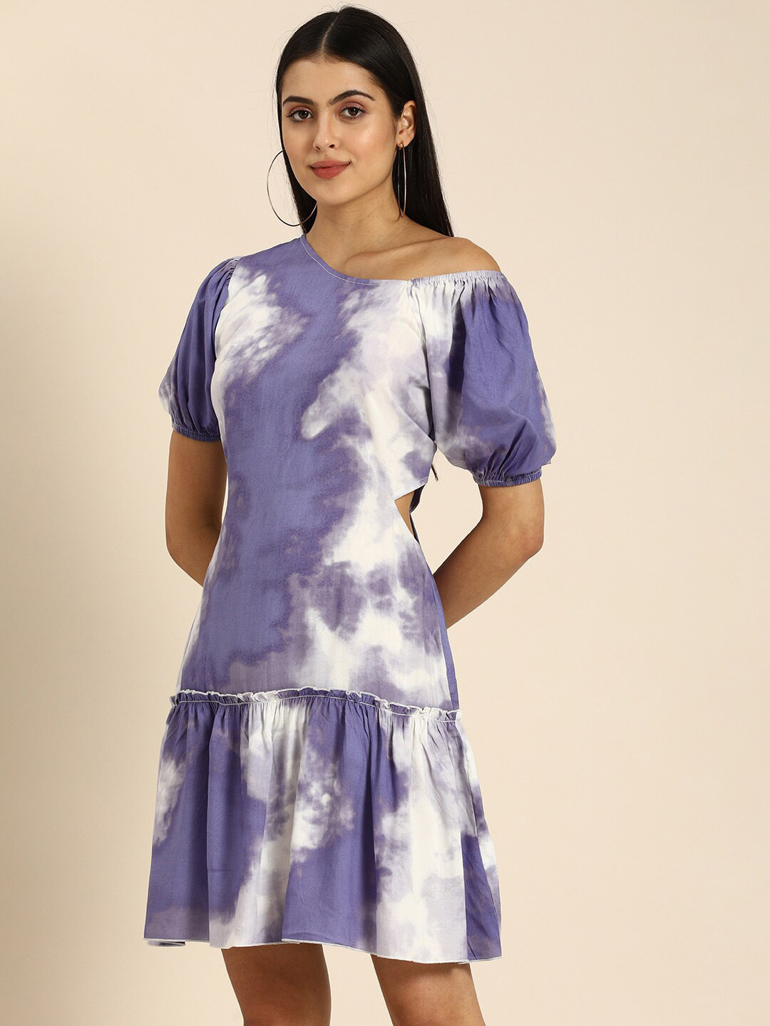 Buy DODO & MOA Purple Tie And Dye Off Shoulder Drop Waist Dress ...