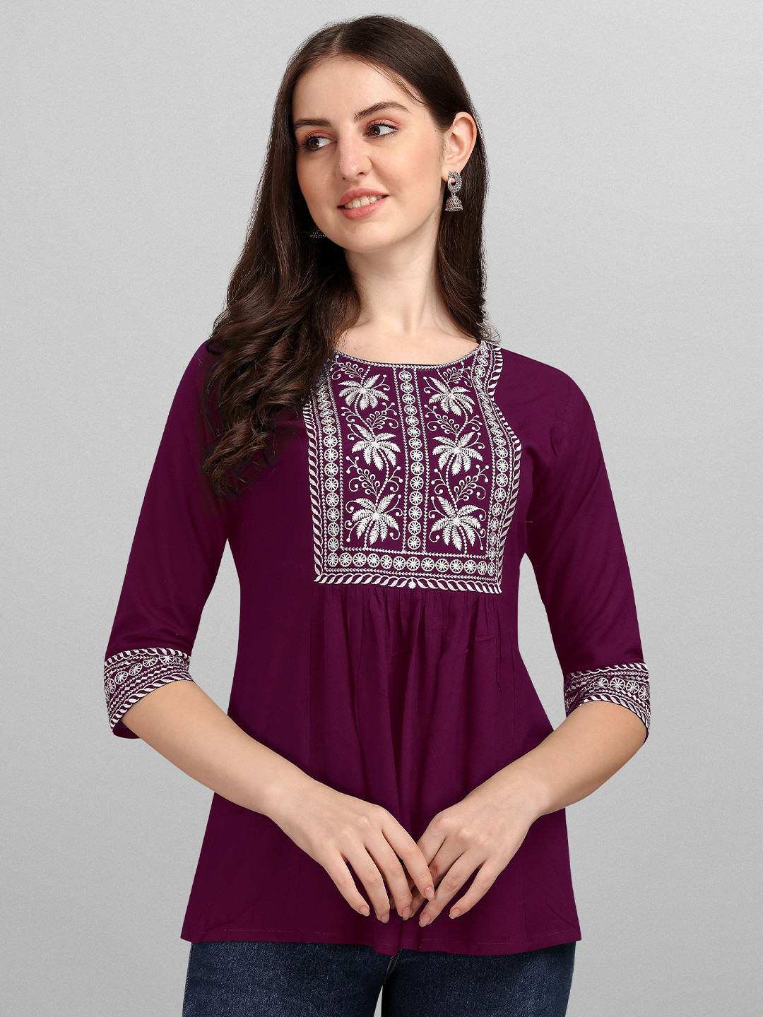 Buy FabFairy Purple & White Print Longline Top - Tops for Women ...