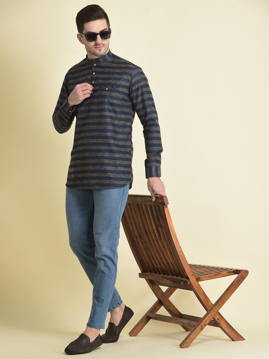 Buy TABARD Men Navy Blue & Grey Cotton Striped Kurta - Kurtas for Men ...