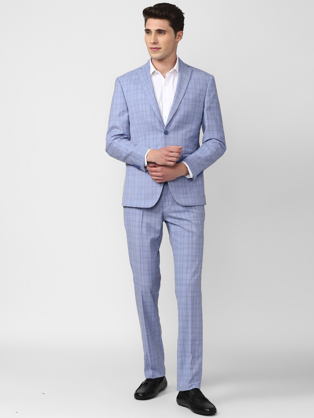 Buy Peter England Elite Men 2 Piece Blue Checked Single Breasted Slim ...