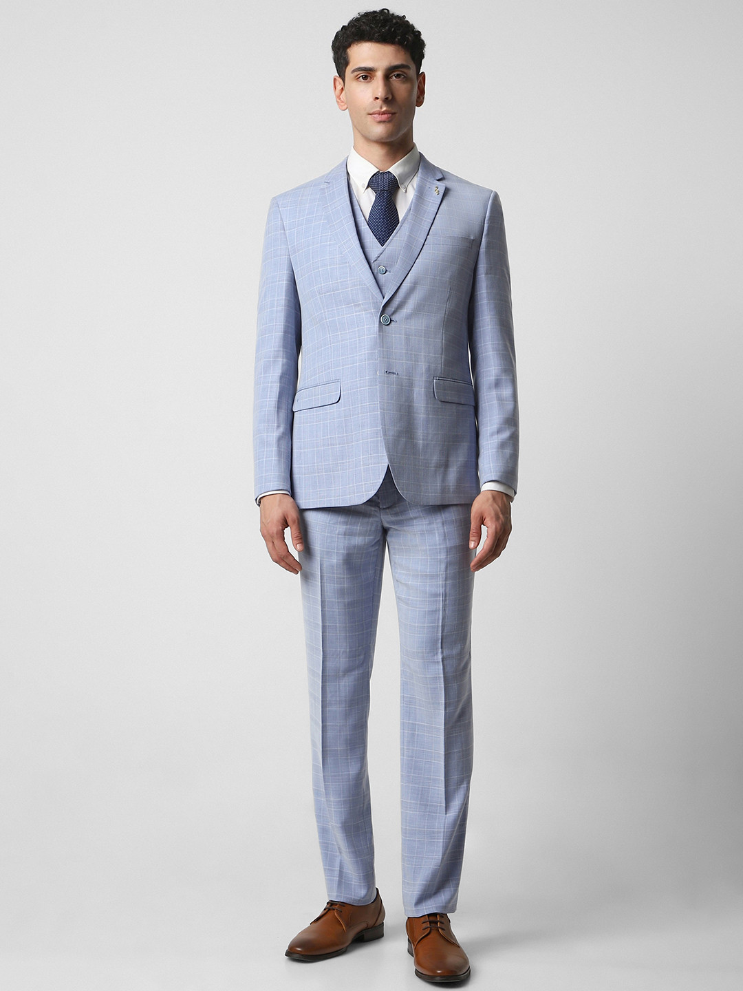 Buy Van Heusen Men Blue Checked Slim Fit Single Breasted Three Piece ...