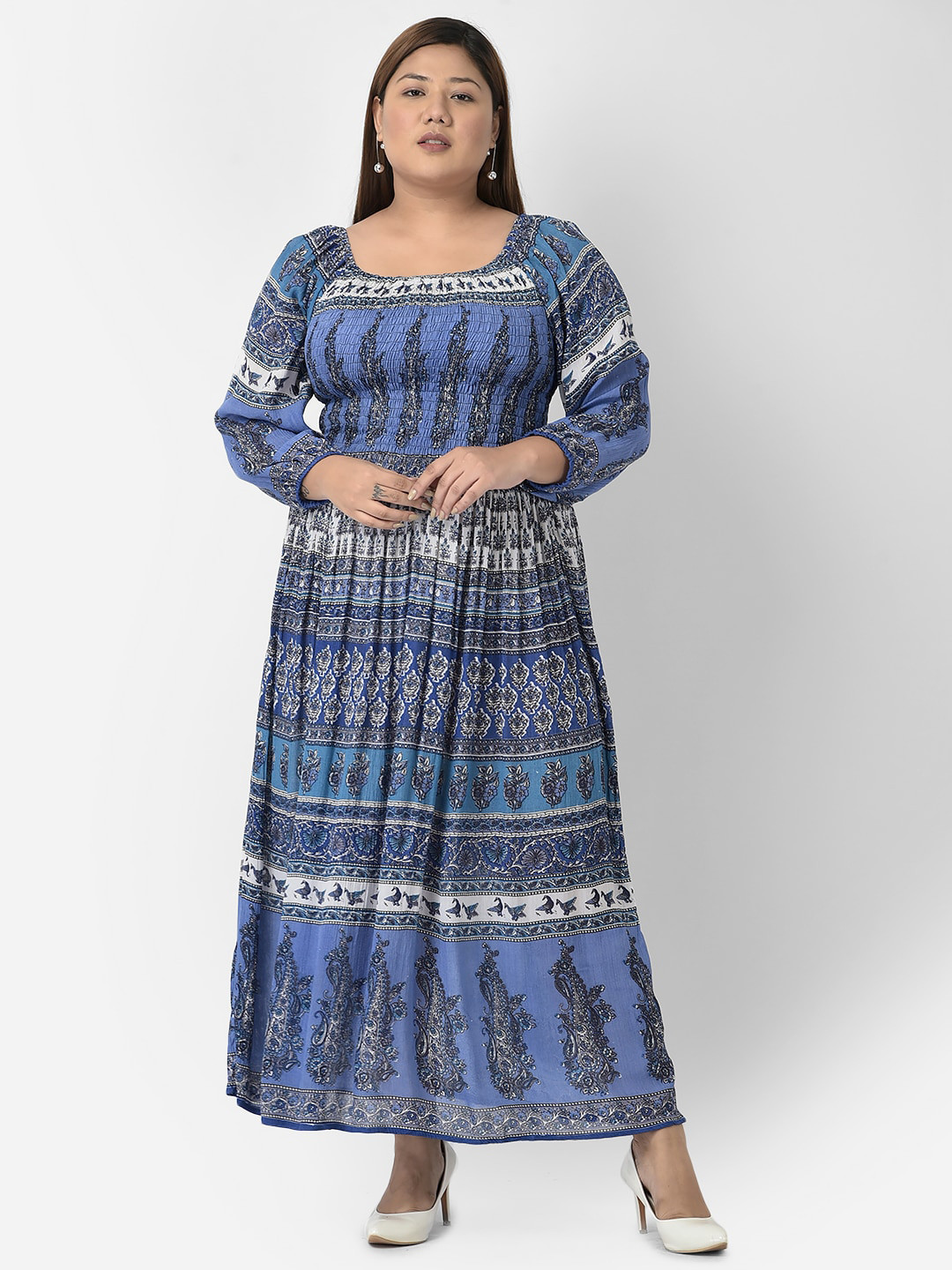 Buy VELDRESS Plus Size Blue Ethnic Printed Long Sleeves Maxi Dress ...
