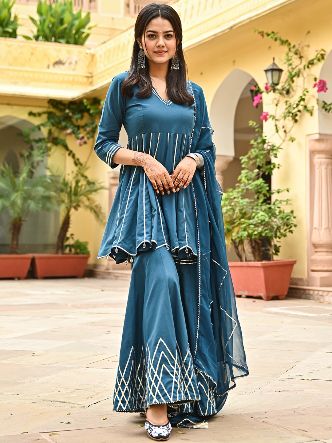 Buy Bunaai Women Blue Panelled Pure Cotton Kurta With Sharara & With ... Buy Bunaai Women Blue Panelled Pure Cotton Kurta With Sharara & With ...