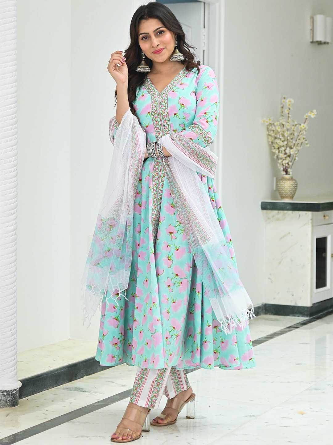Buy Bunaai Women Blue Floral Printed Pure Cotton Kurta With Trousers ... Buy Bunaai Women Blue Floral Printed Pure Cotton Kurta With Trousers ...