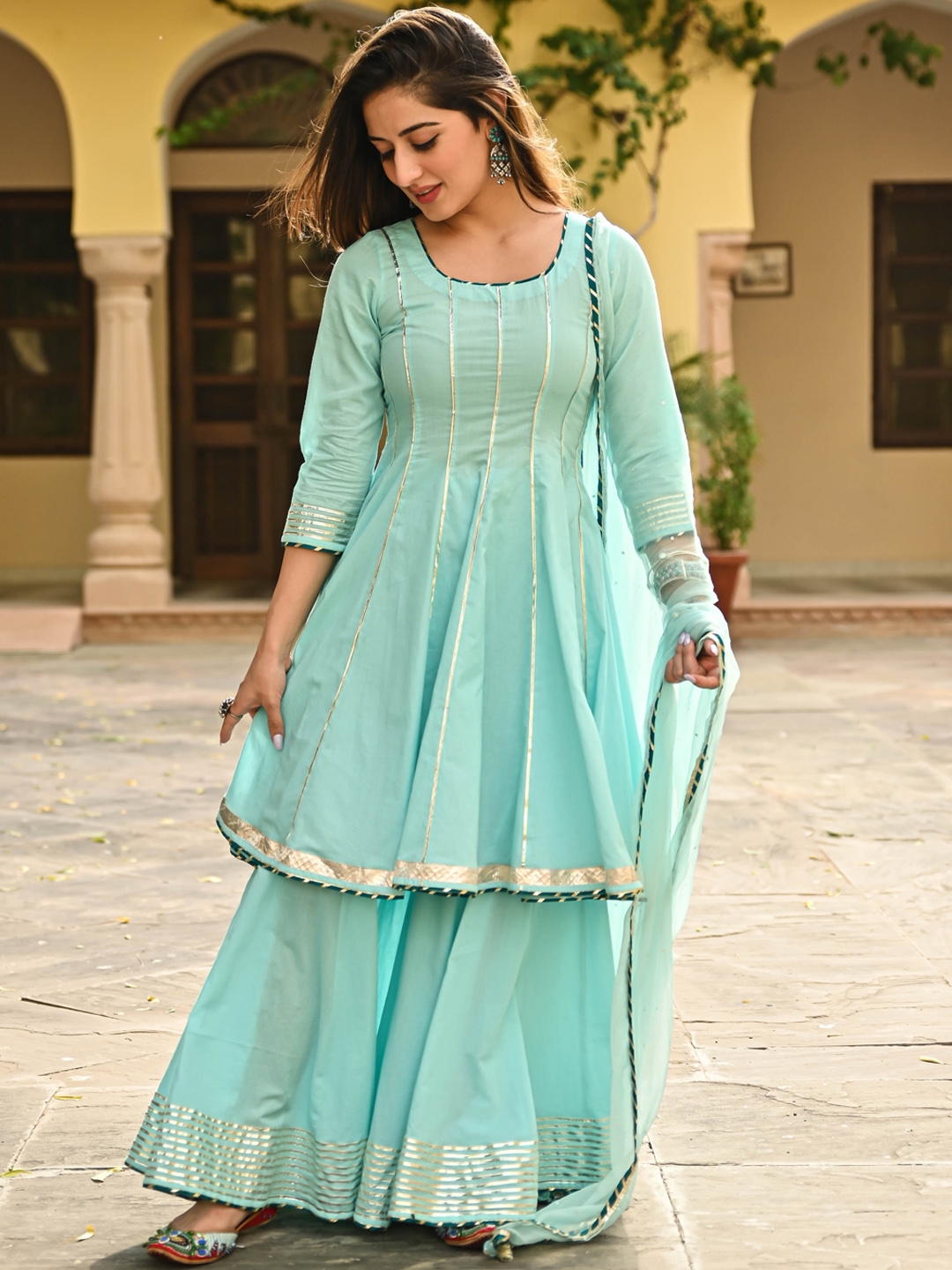 Buy Bunaai Women Blue Panelled Pure Cotton Kurta With Sharara & With ... Buy Bunaai Women Blue Panelled Pure Cotton Kurta With Sharara & With ...