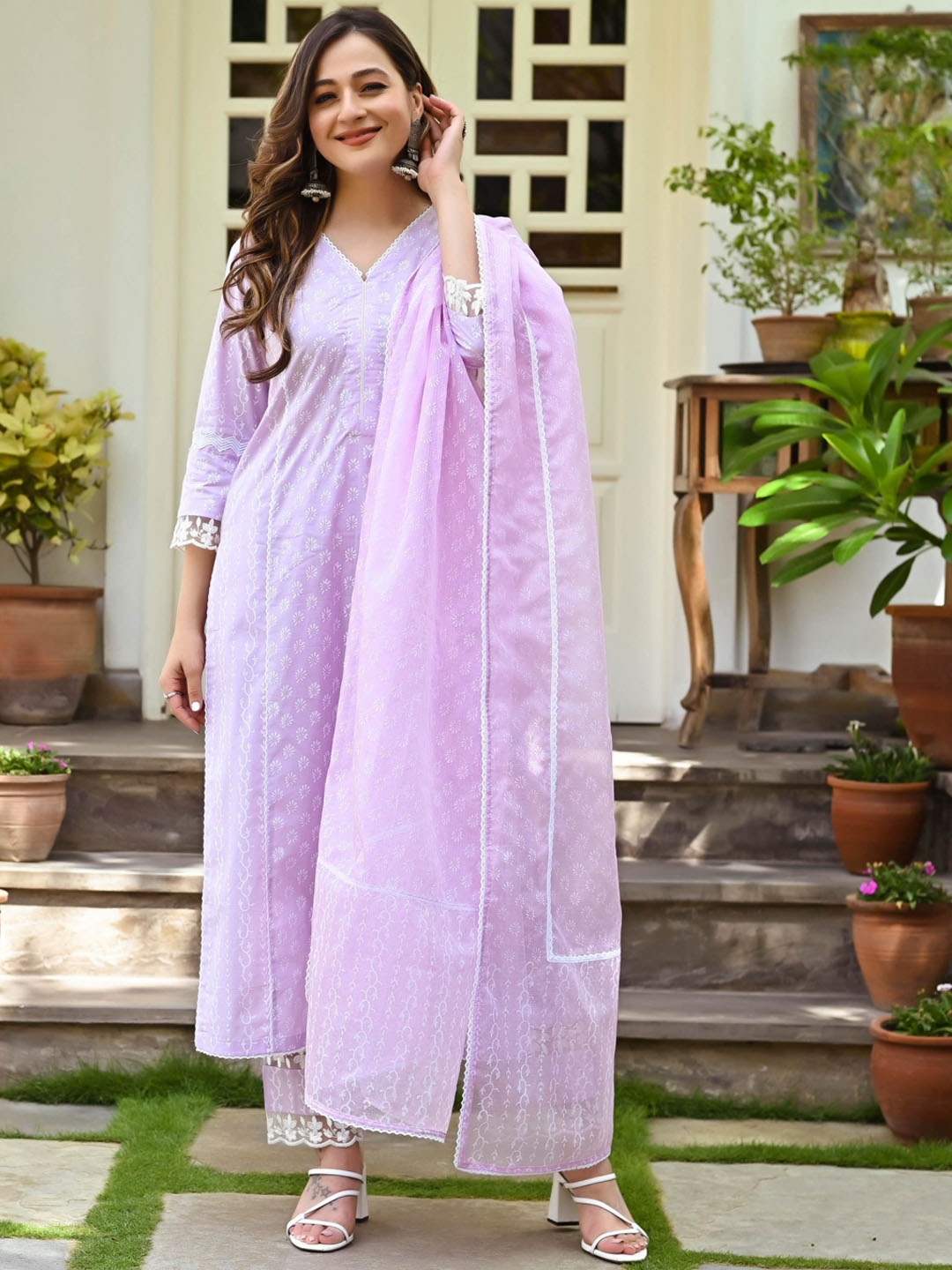 Buy Bunaai Women Purple Floral Printed Pure Cotton Kurta With Trousers ... Buy Bunaai Women Purple Floral Printed Pure Cotton Kurta With Trousers ...