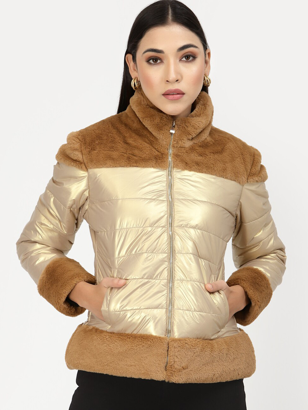 Buy Juelle Women Brown Khaki Colourblocked Quilted Jacket - Jackets for ...