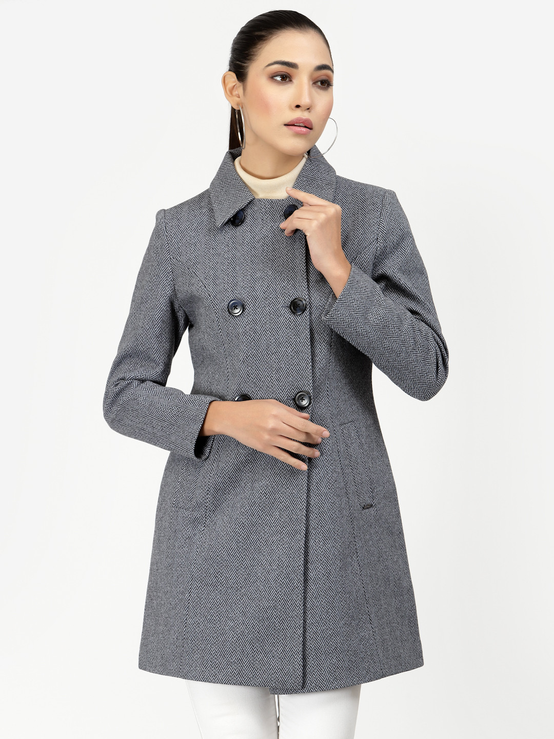 Buy Juelle Women Navy Blue &White Self Design Double Breasted Longline ...