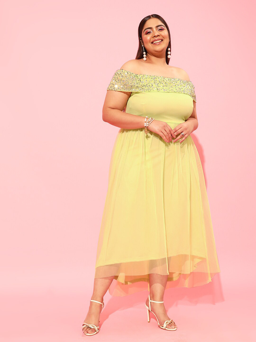 Buy CURVY STREET Lime Green Plus Size Off Shoulder Net Dress - Dresses ...