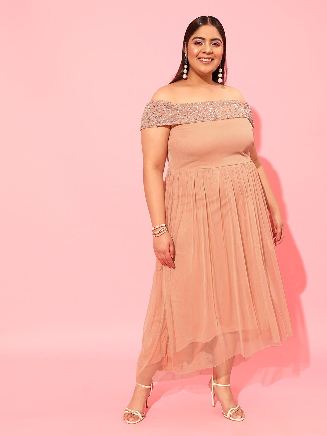 Buy CURVY STREET Peach Plus Size Embellished Net Dress - Dresses for Women 20980282 | Myntra