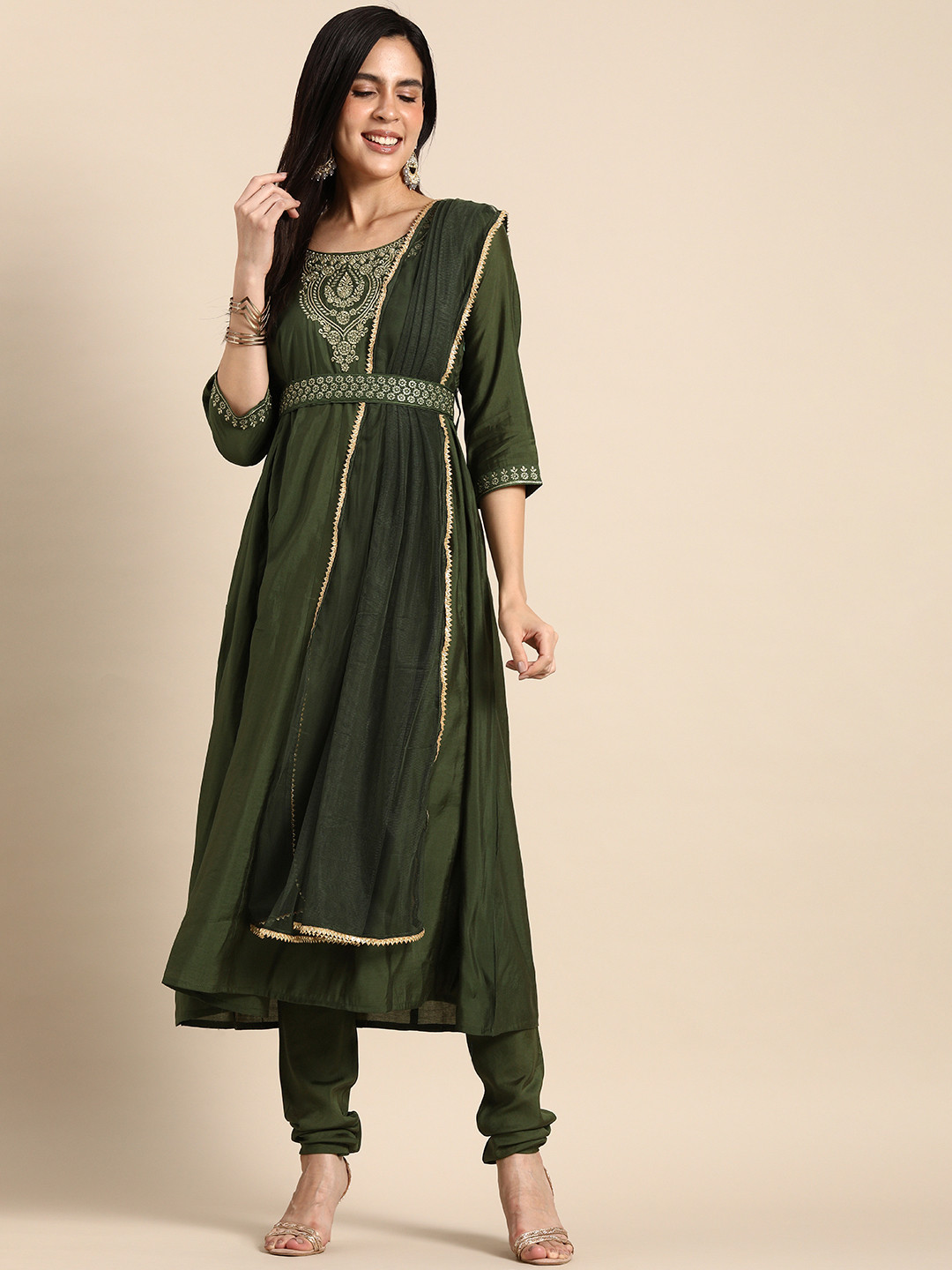 Buy Anouk Women Ethnic Motifs Embroidered Empire Kurta With Churidar ...