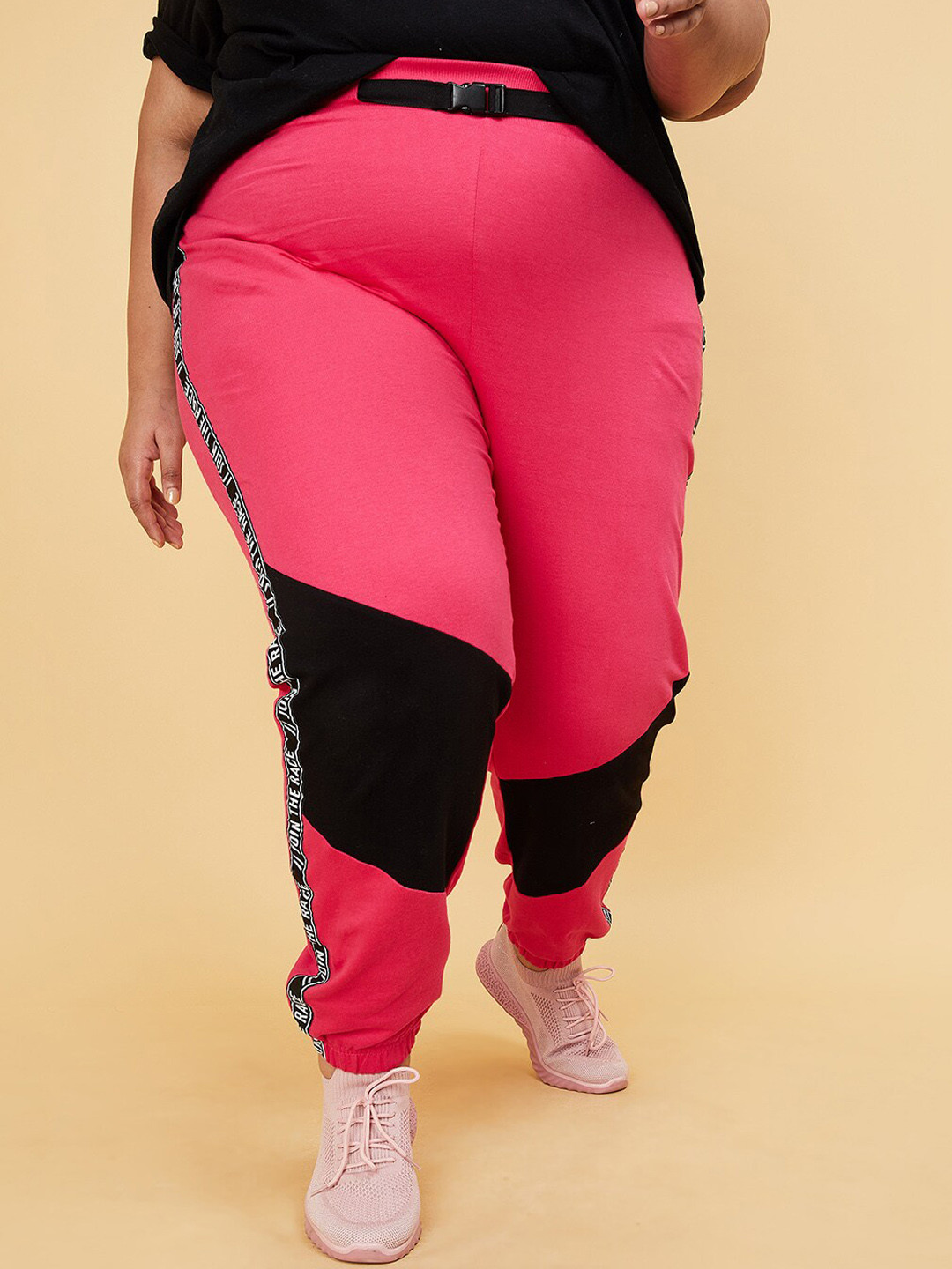 Buy Max Women Plus Size Fuchsia Pink Colour Blocked Pure Cotton Joggers ...