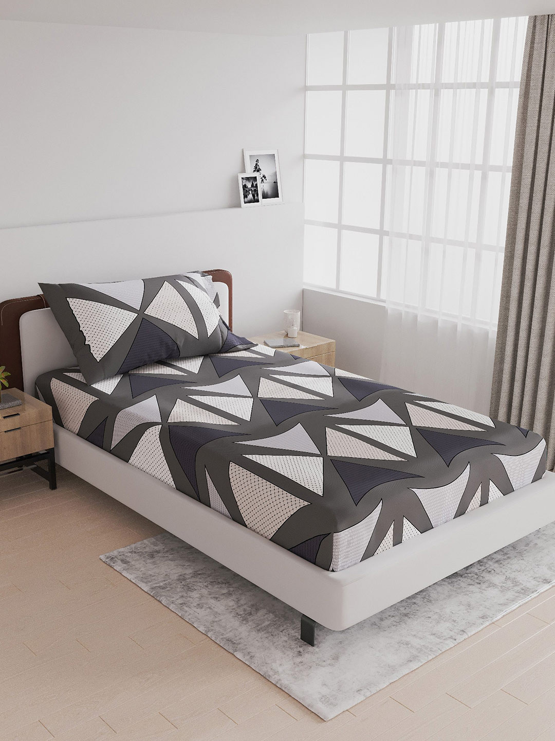 Buy LABHAM Grey & White Geometric 180 TC Cotton Single Bedsheet With 1 Pillow Cover - Bedsheets ...