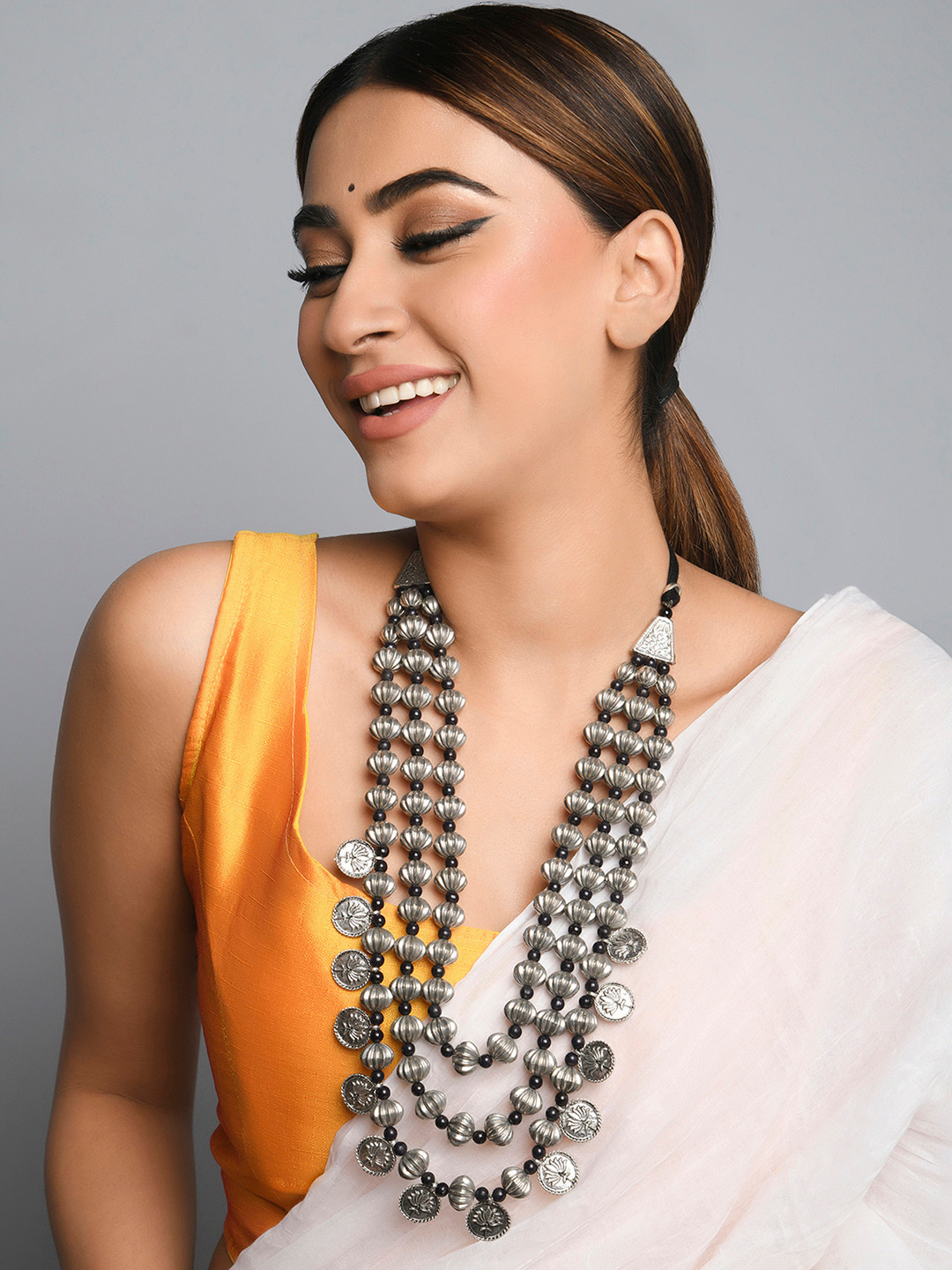 Buy Fida Women Silver Toned & Black Silver Plated Layered Necklace ...